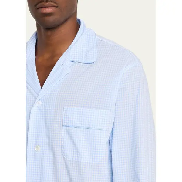 Bergdorf Goodman Cotton And Linen Micro-check Long Pajama Set