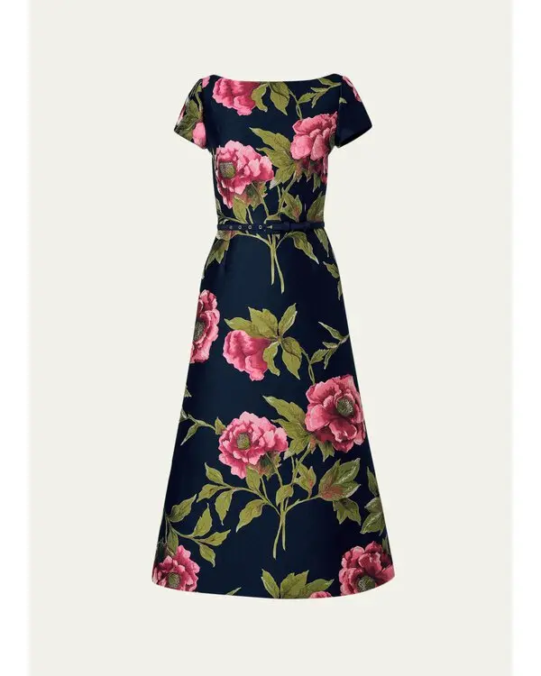 Carolina Herrera Metallic Floral Jacquard Short-sleeve Belted Midi Dress - Midnight Multi