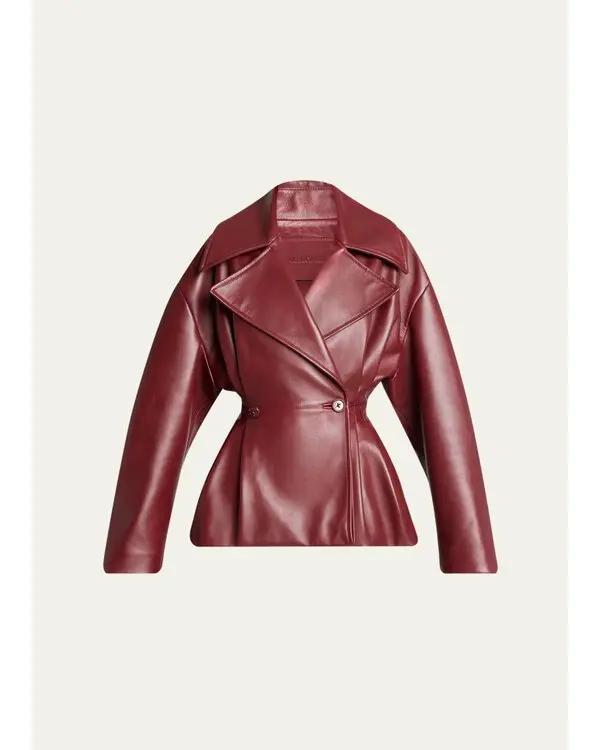 Balenciaga Pleated Leather Short Peplum Trench Coat