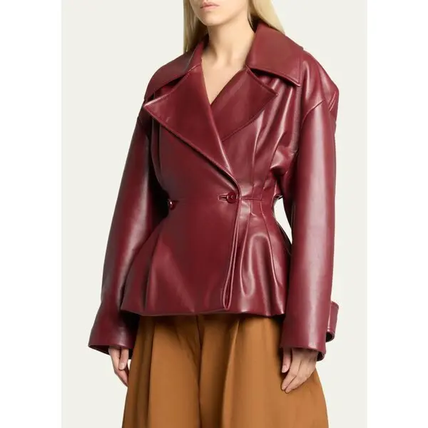 Balenciaga Pleated Leather Short Peplum Trench Coat