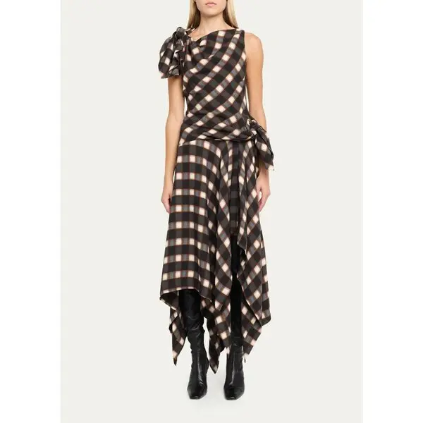 Monse Knotted Plaid Silk Midi Dress