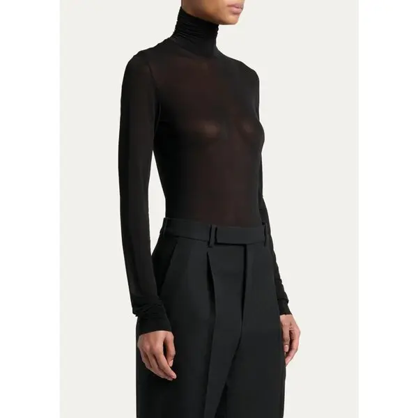 Saint Laurent Turtleneck Sheer Jersey Stretch Long-sleeve Top - Nero