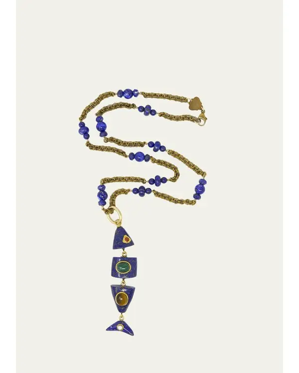 GRAZIA AND MARICA VOZZA Lapis, Malachite And Tiger's Eye Fish Pendant Necklace - Blue