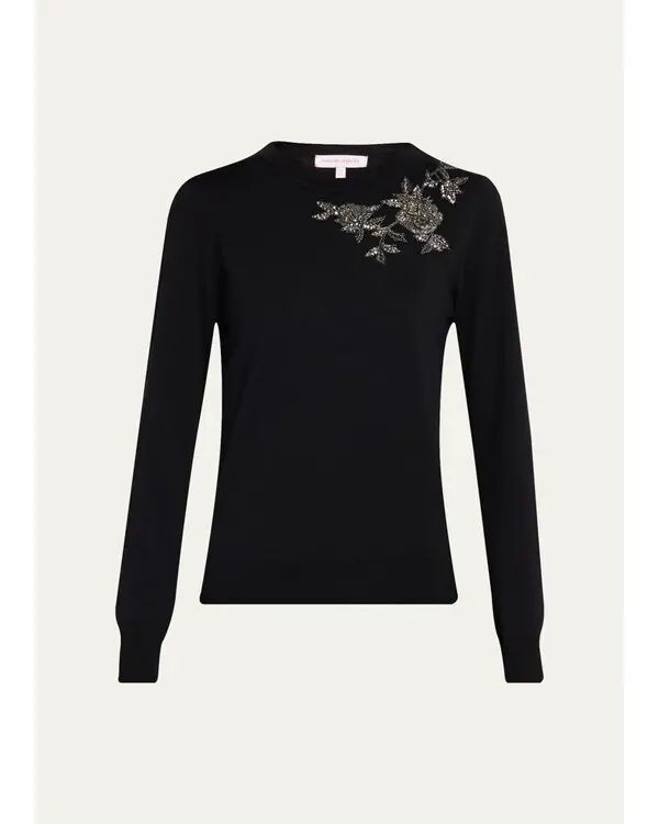 Carolina Herrera Flower Beaded Silk-cotton Crewneck Sweater - Black