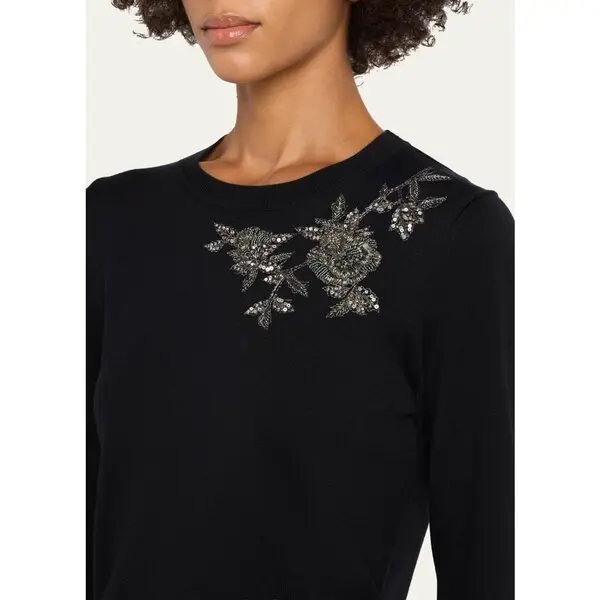 Carolina Herrera Flower Beaded Silk-cotton Crewneck Sweater