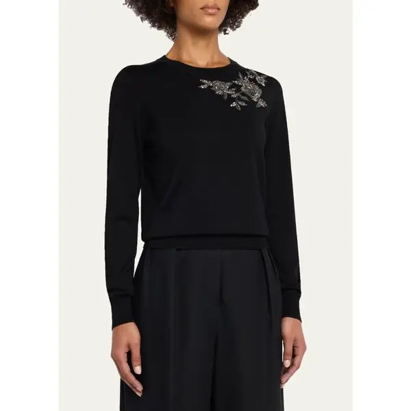 Carolina Herrera Flower Beaded Silk-cotton Crewneck Sweater