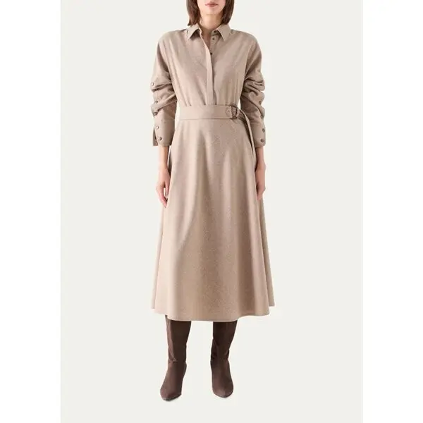 Akris Flannel Wool Trench Midi Dress - Oat