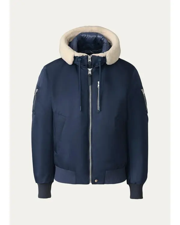 Mackage August Bomber Jacket With Shearling-trimmed Hood - Marine Blu