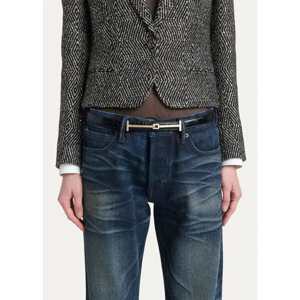 TOM FORD Double T Crocodile-embossed Leather Belt