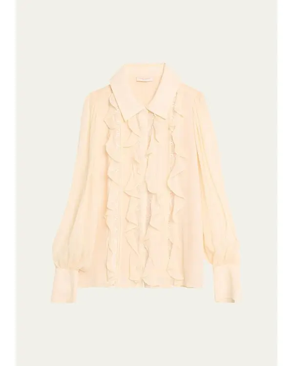 Ramy Brook Claire Ruffle Blouson-sleeve Silk Blouse
