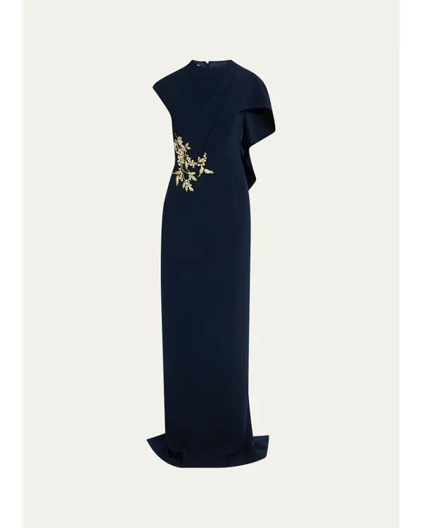 Rickie Freeman For Teri Jon Floral-embroidered Asymmetric Capelet Gown - Navy