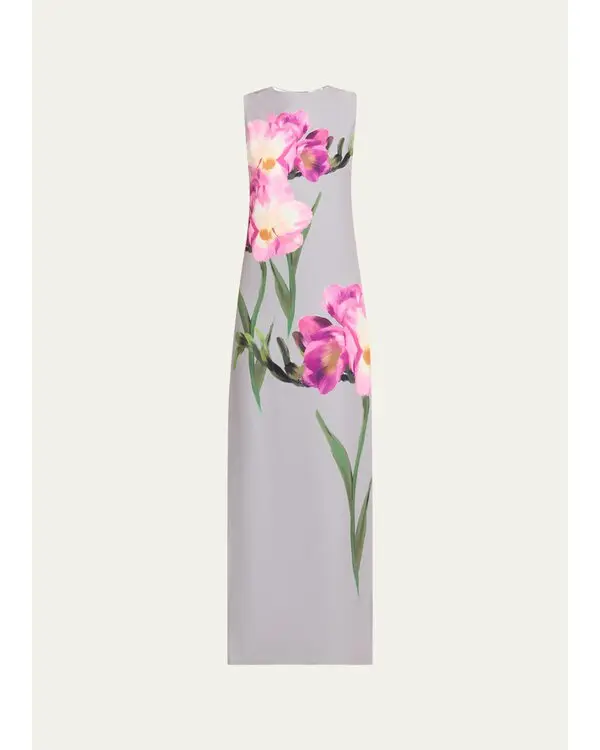 Rickie Freeman For Teri Jon Sleeveless Floral-print Scuba Column Gown - Grey Multi