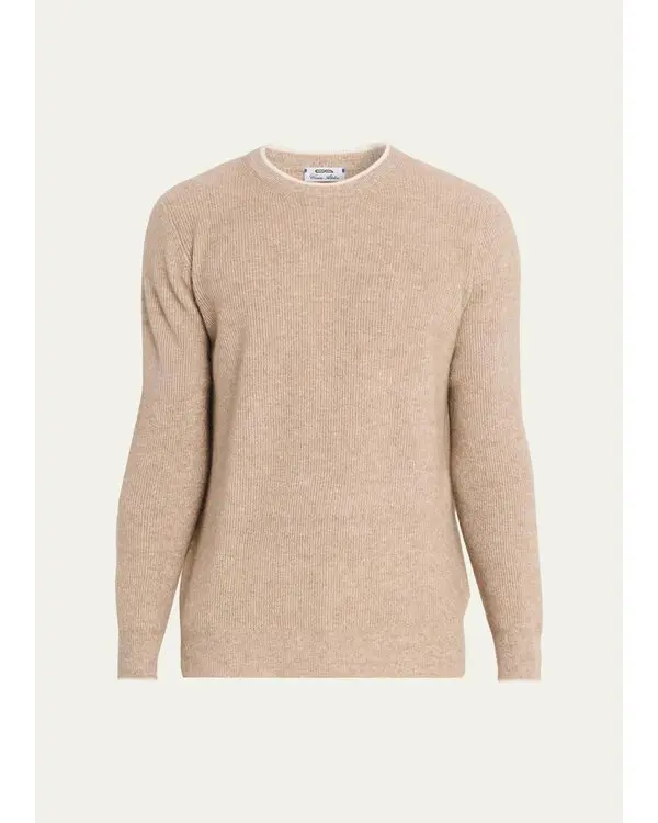 Cesare Attolini Ribbed Cashmere Mouline Tipped Crewneck Sweater - Tan