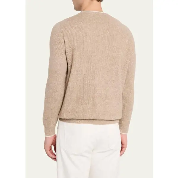 Cesare Attolini Ribbed Cashmere Mouline Tipped Crewneck Sweater - Tan