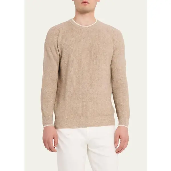 Cesare Attolini Ribbed Cashmere Mouline Tipped Crewneck Sweater - Tan