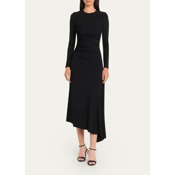 Michael Kors Ruched Long-sleeve Asymmetric Midi Dress