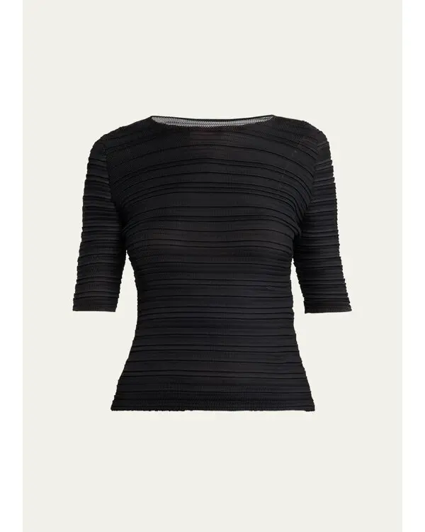 Issey Miyake Jiggly Pleated Plisse Elbow-sleeve Top
