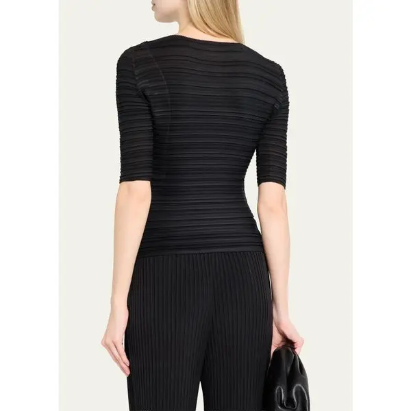 Issey Miyake Jiggly Pleated Plisse Elbow-sleeve Top