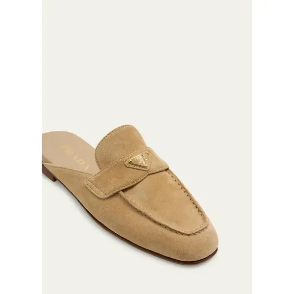Prada Triangle Logo Suede Loafer Mules - Ecru