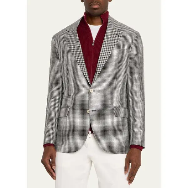 Brunello Cucinelli Wool, Silk And Linen Houndstooth Sport Coat - Black