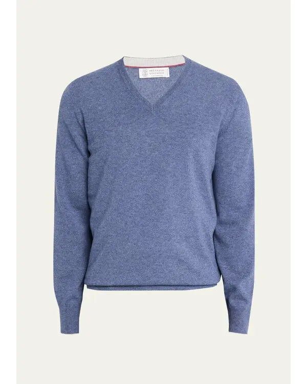 Brunello Cucinelli Cashmere Knit V-neck Sweater - Medium Blue