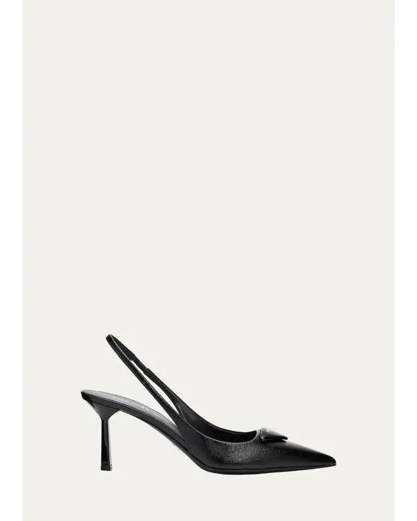 Prada 75mm Triangle Logo Leather Slingback Pumps - Nero