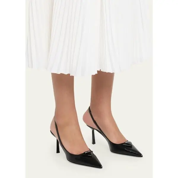 Prada 75mm Triangle Logo Leather Slingback Pumps - Nero