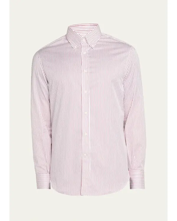 Brunello Cucinelli Button-collar Pinstripe Cotton Sport Shirt