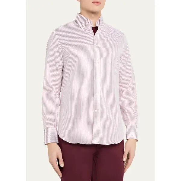 Brunello Cucinelli Button-collar Pinstripe Cotton Sport Shirt