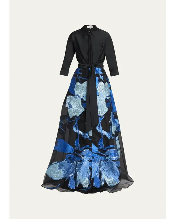 Rickie Freeman For Teri Jon Taffeta And Floral Jacquard Organza Shirt Gown - Black Multi