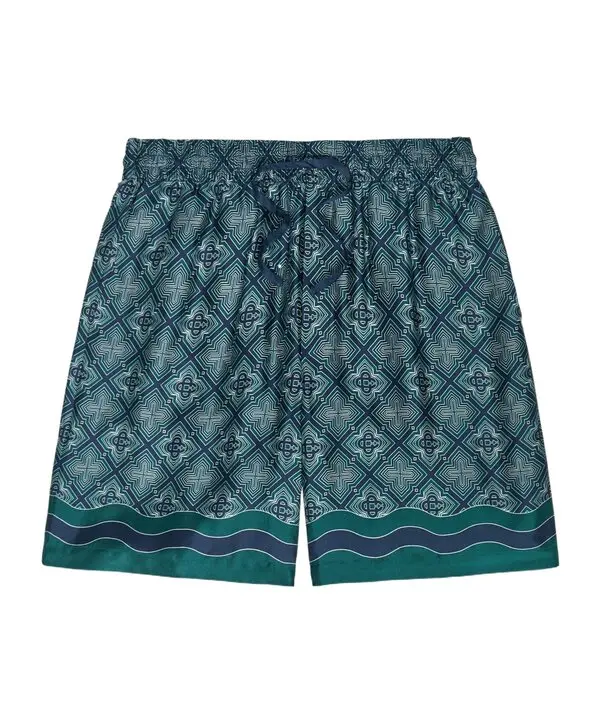 Casablanca Geometric Print Drawstring Silk Shorts - Green