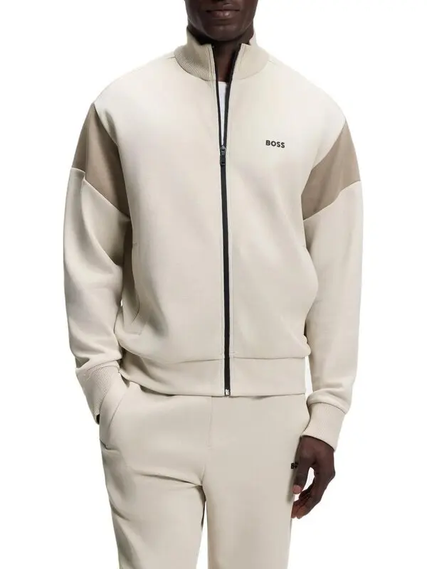 Hugo Boss Zippered Cotton-blend Sweatshirt With Contrast Inserts