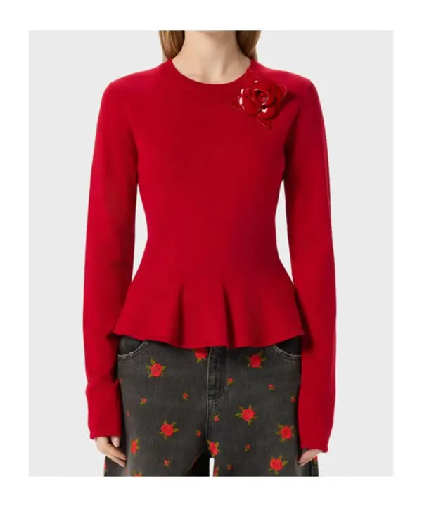 Blumarine Jumper With Patent Leather Brooch And Undulated Hem