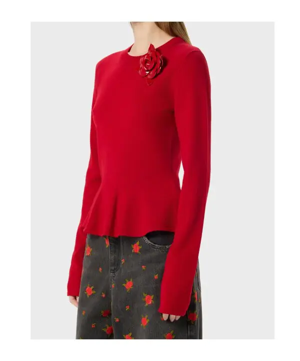 Blumarine Jumper With Patent Leather Brooch And Undulated Hem