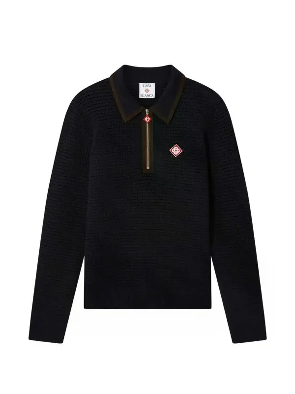 Casablanca Navy Wool Waffle Stitch Long-sleeve Polo Shirt - Blue