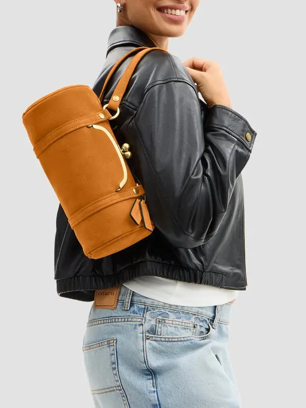COACH Kisslock Barrel Suede Shoulder Bag