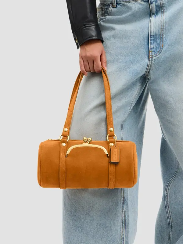 COACH Kisslock Barrel Suede Shoulder Bag