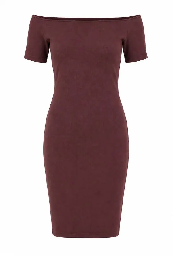 CONQUISTA Chocolate Off-shoulder Bodycon Dress - Brown