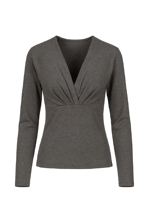 CONQUISTA Charcoal Draped V-neck Long-sleeve Top