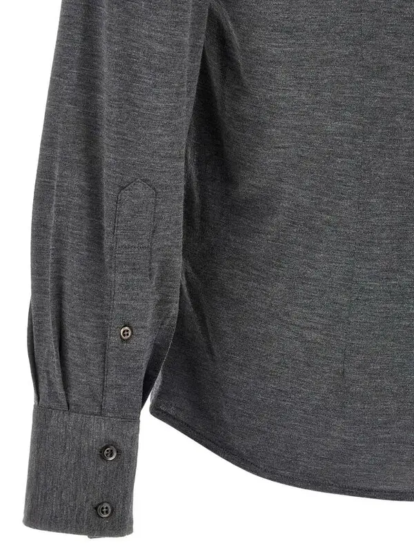Brunello Cucinelli Silk And Cotton Lightweight Jersey Shirt With Spead Collar - Grey