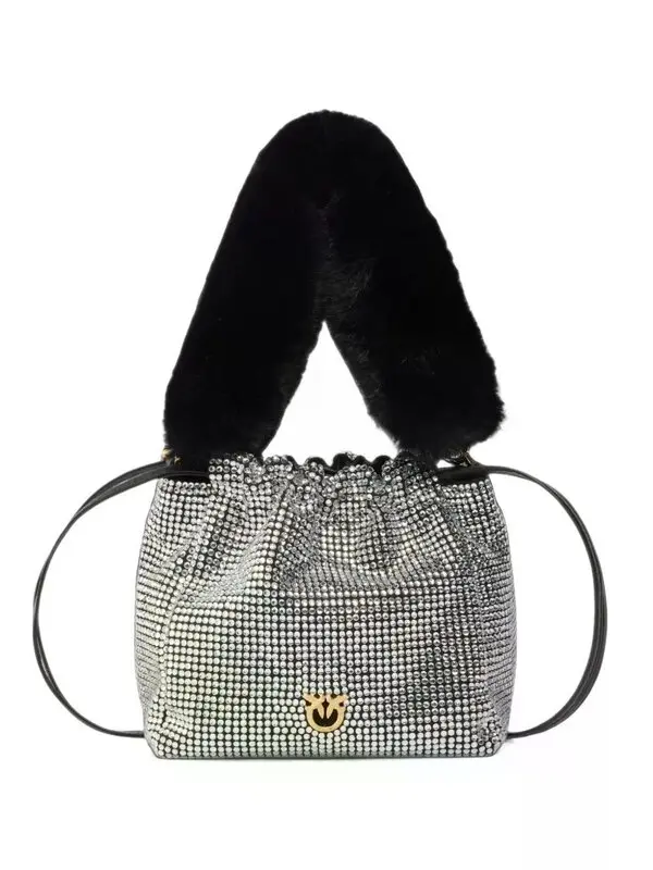 Pinko Fully Rhinestoned Shoulder Bucket Bag With Fur-effect Shoulder Strap