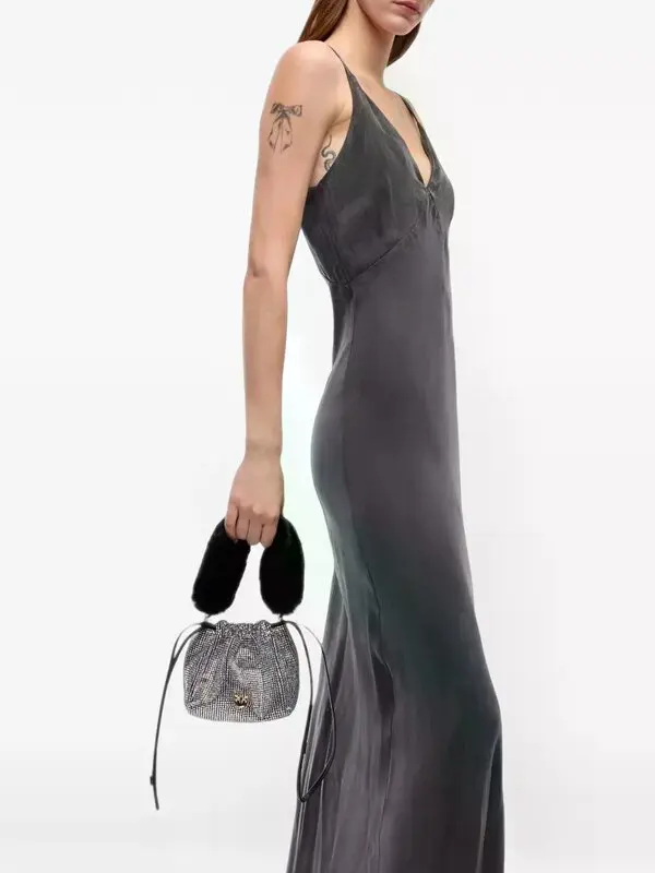 Pinko Fully Rhinestoned Shoulder Bucket Bag With Fur-effect Shoulder Strap