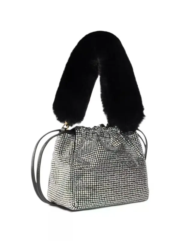 Pinko Fully Rhinestoned Shoulder Bucket Bag With Fur-effect Shoulder Strap