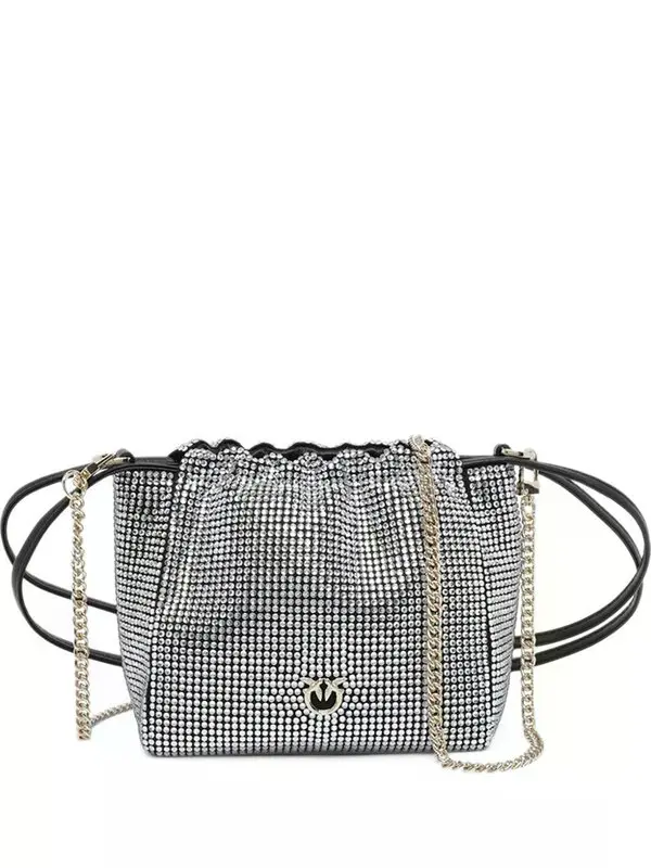 Pinko Fully Rhinestoned Shoulder Bucket Bag With Fur-effect Shoulder Strap - Silver