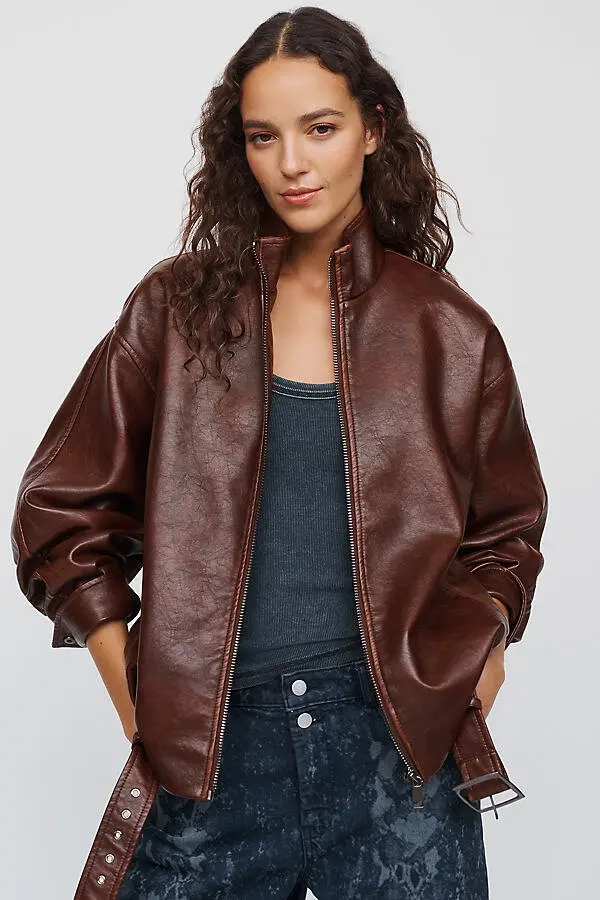 Anthropologie Belted Faux Leather Jacket