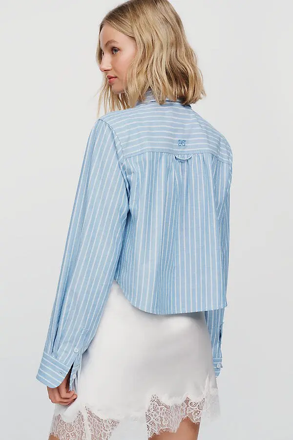 Maeve Merritt Cotton Stretch Cropped Buttondown Shirt - Blue Stripe