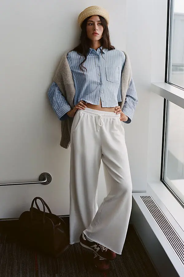 Maeve Merritt Cotton Stretch Cropped Buttondown Shirt - Light Blue