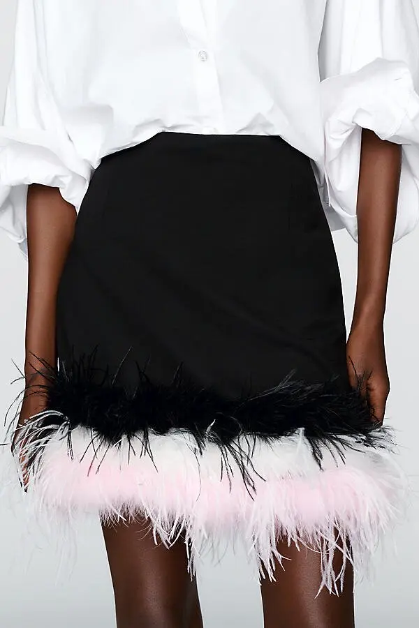 HUTCH Faux Feather Trim Mi Skirt