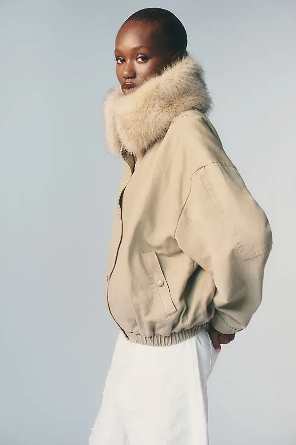 PILCRO Faux Fur Led Denim Bomber Jacket