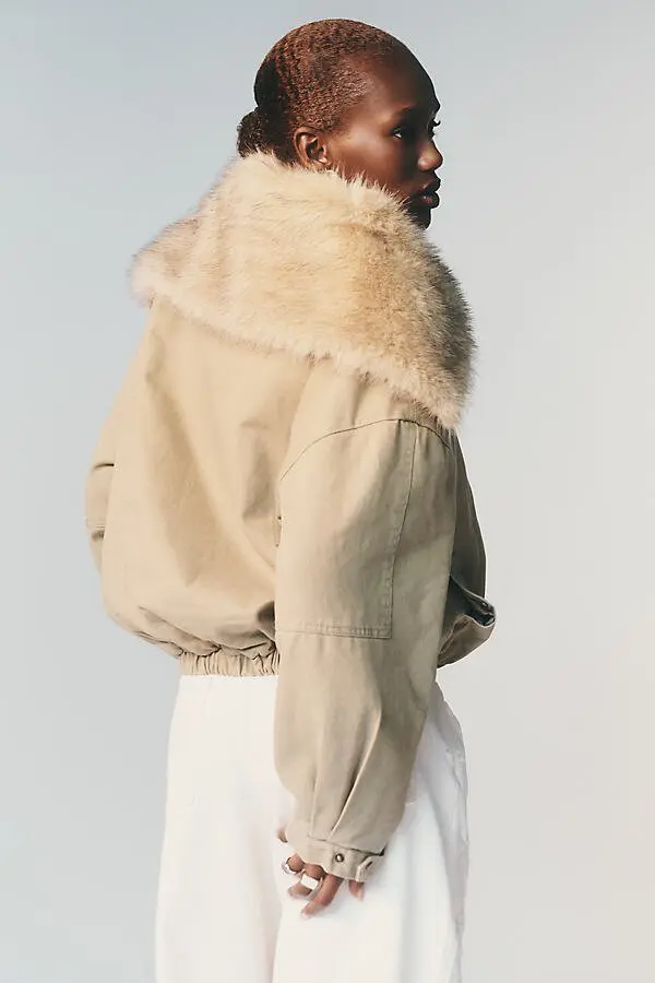PILCRO Faux Fur Led Denim Bomber Jacket